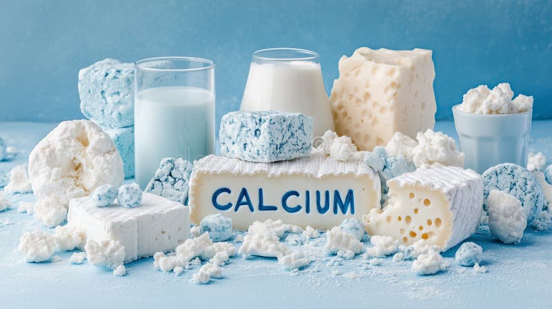 Diverse Dairy Products Display with the Word Calcium on the Piece of ...