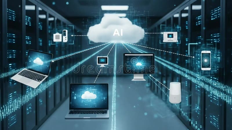 Diverse Digital Devices Connect To an Artificial Intelligence Cloud in a Data Center ...