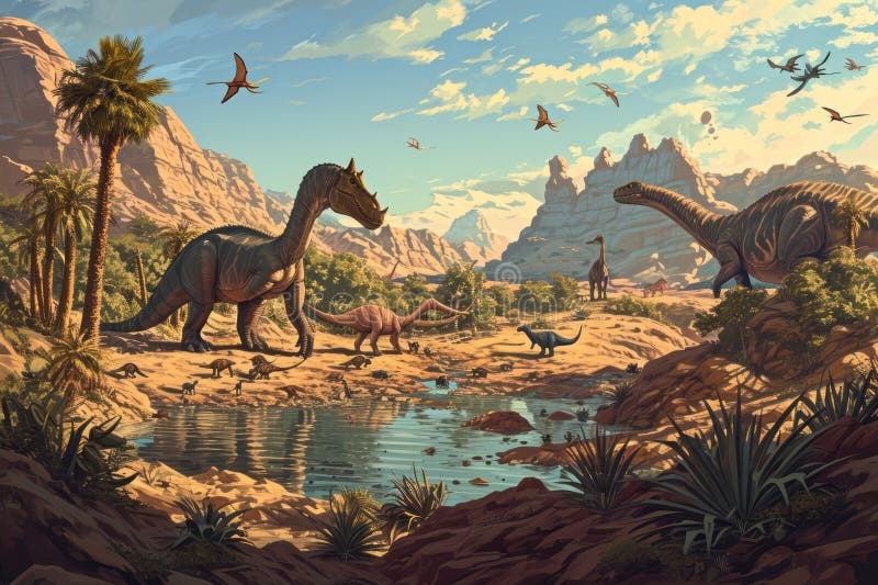 Diverse Dinosaurs Around Waterhole in a Desert-like Jurassic Setting ...
