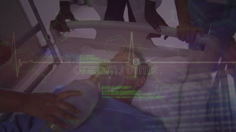 Diverse Doctors Walking with Patient in Bed with Oxygen Mask Over ...