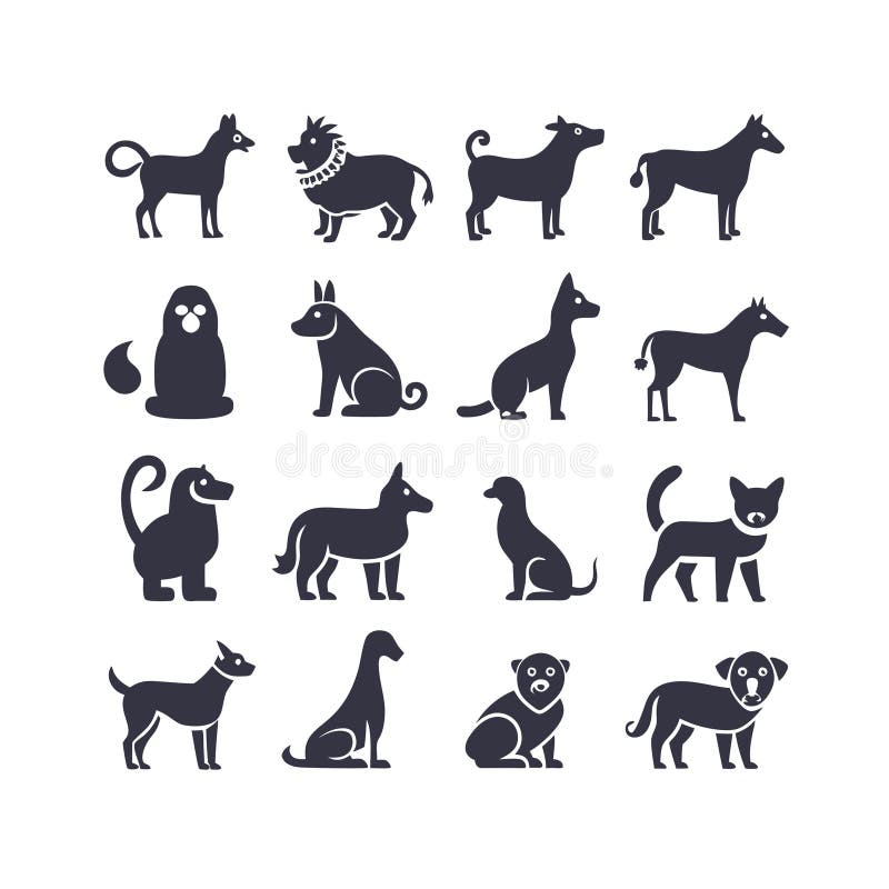 Diverse Dog Breed Icons Collection: Vector Silhouette Set for Graphic ...