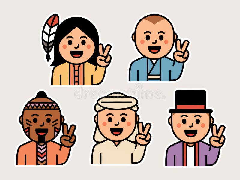 Diverse Drawn Characters in Traditional Attire Displaying Peace Signs ...