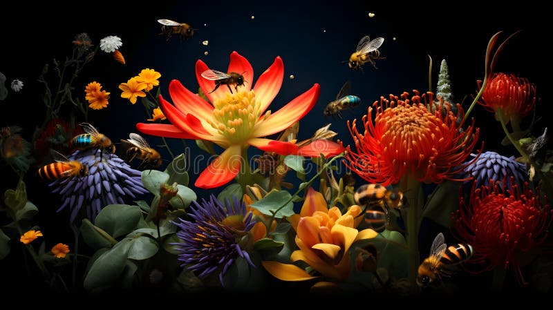 A Diverse Ecosystem of Insects Pollinating Flowers Stock Illustration ...