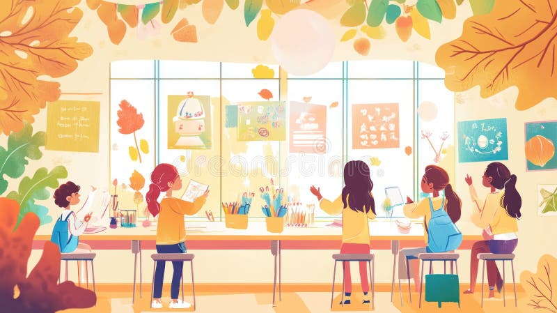 Diverse Elementary School Students Engaged in an Art Class, Creating ...