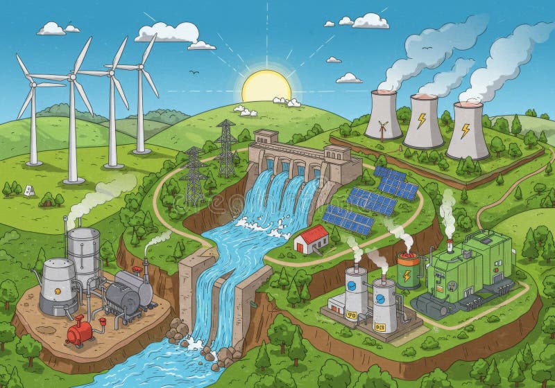 Diverse Energy Sources Landscape Illustration Stock Illustration ...