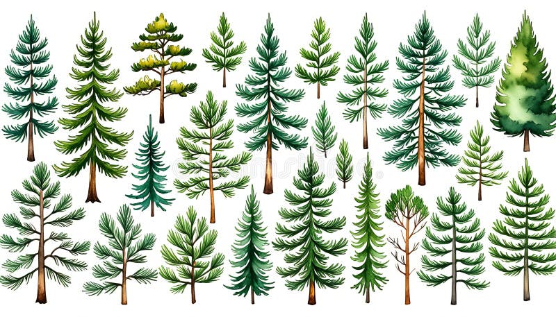 Diverse Evergreen Trees Collection: Hand-drawn Pine, Fir, Spruce, Cedar ...