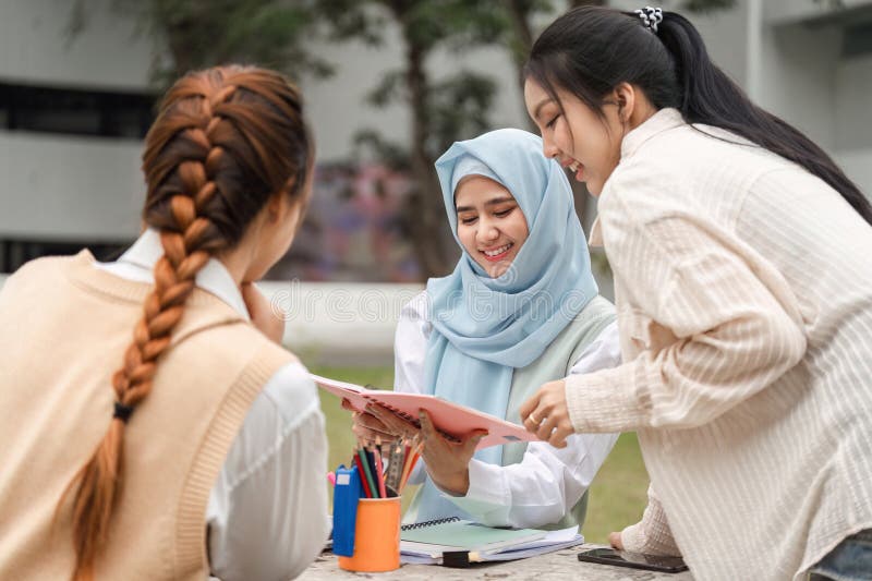 Diverse Female Students Collaborating Studying Together Outdoors Stock ...