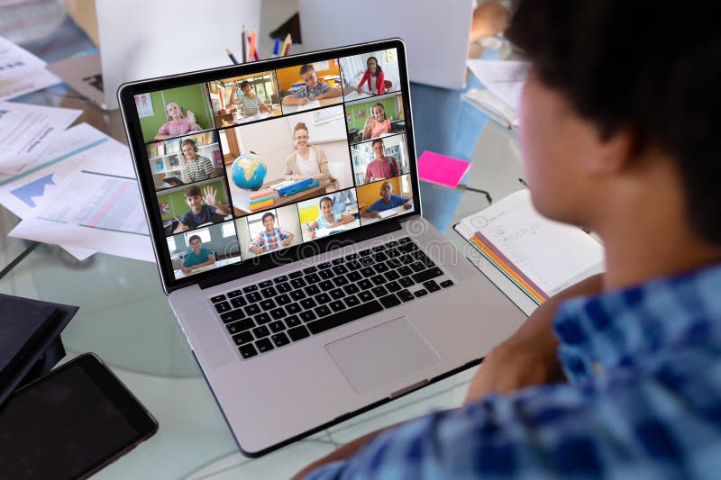 Diverse Schoolgirl with Female Teacher Having Class during Laptop Video ...
