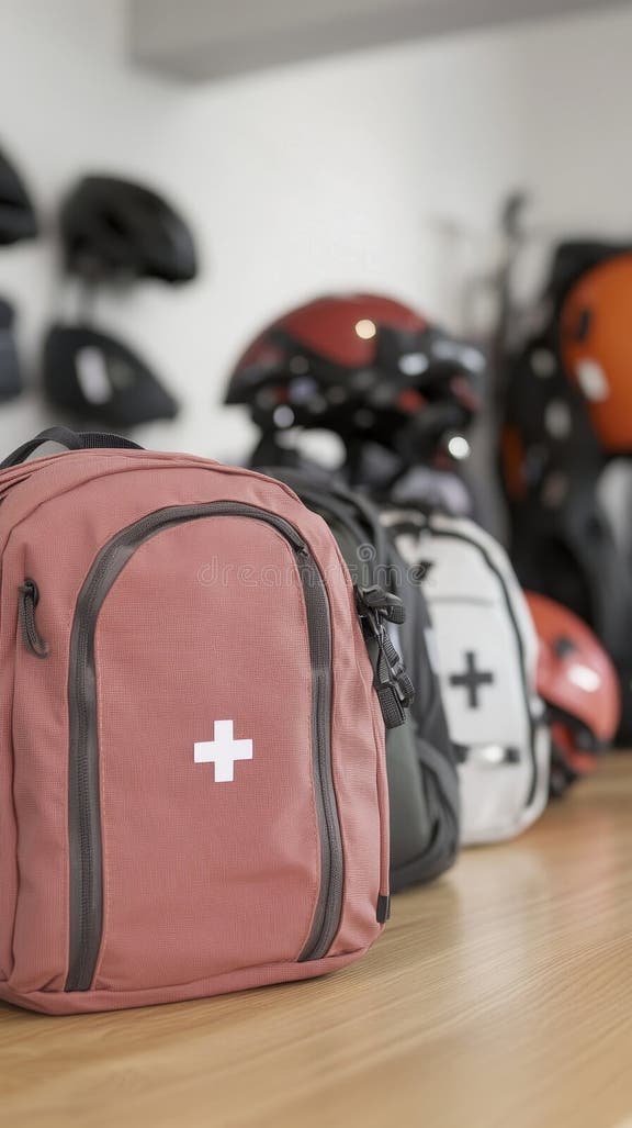 Diverse First Aid Kits with Helmets on Display in Store Interior Stock ...