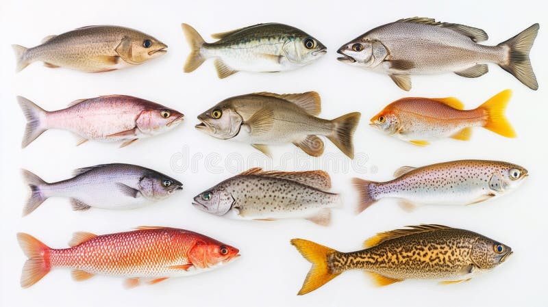 Diverse Fish Species on White Background Overhead View AI-generated ...