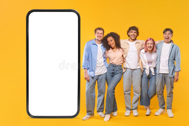 Diverse Friends Posing Together in Front of Large Smartphone Stock ...