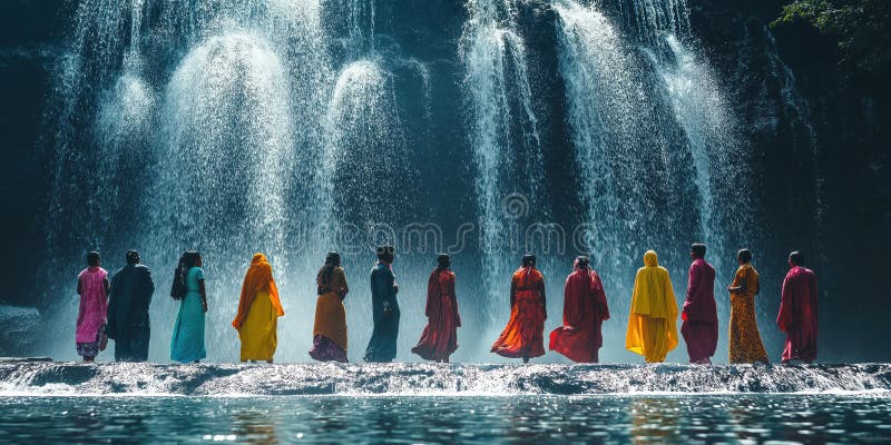 Diverse Group Admiring Waterfall in Vibrant Clothing Stock Illustration ...