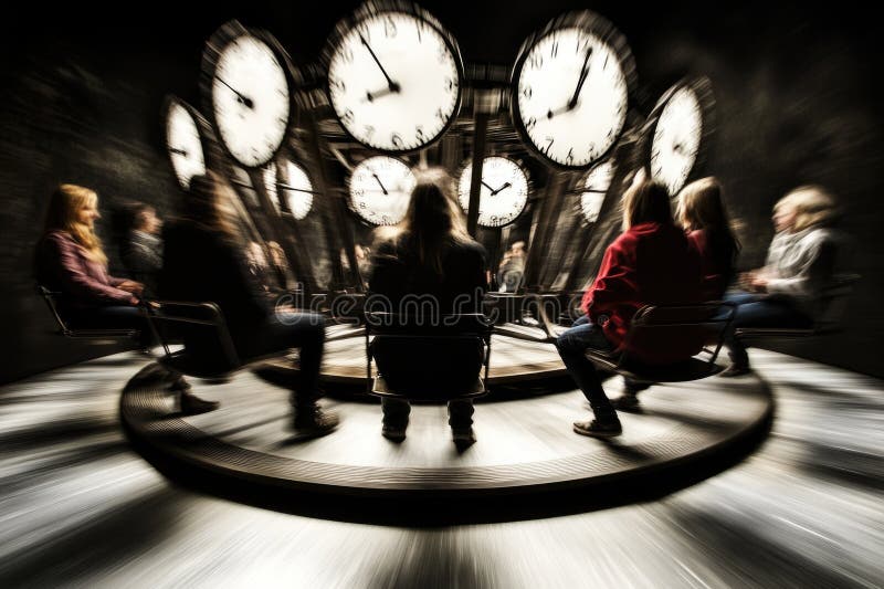 Diverse Group of Adults Sitting in a Circular Room with Large Clocks on ...