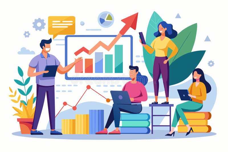 A Diverse Group Analyzes Growth Charts on Devices while Surrounded by ...