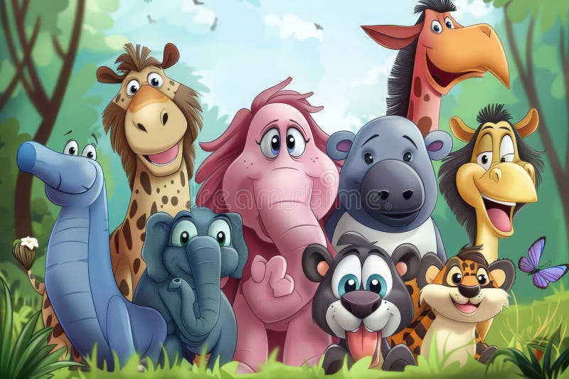 Whimsical Gathering of Cartoon Animals in Enchanted Forest Stock ...
