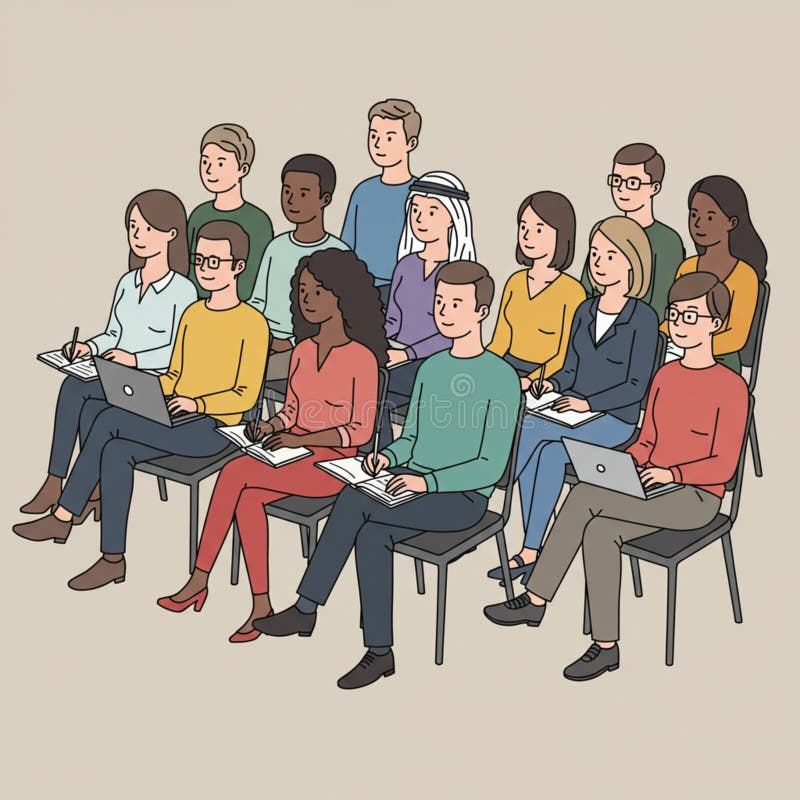 A Diverse Group of Animated Individuals is Seated in Three Rows ...