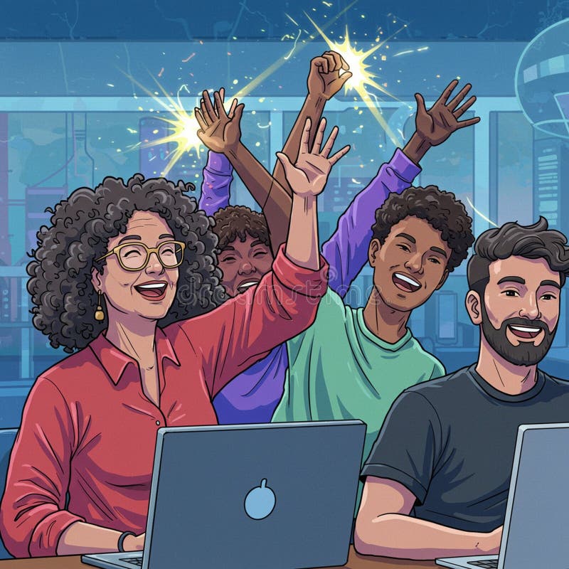 A Diverse Group of Animated People Celebrates Enthusiastically in a ...