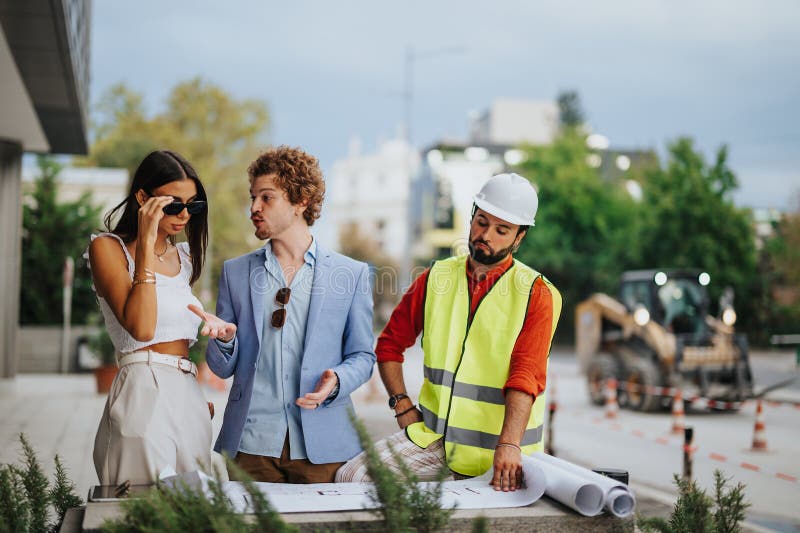 Diverse Group of Architects and Engineers Collaborating Outdoors ...