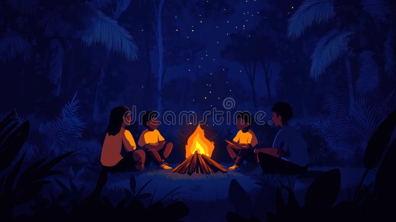Diverse Group Around Campfire in Forest Clearing - Community, Connection, and Conversations in ...