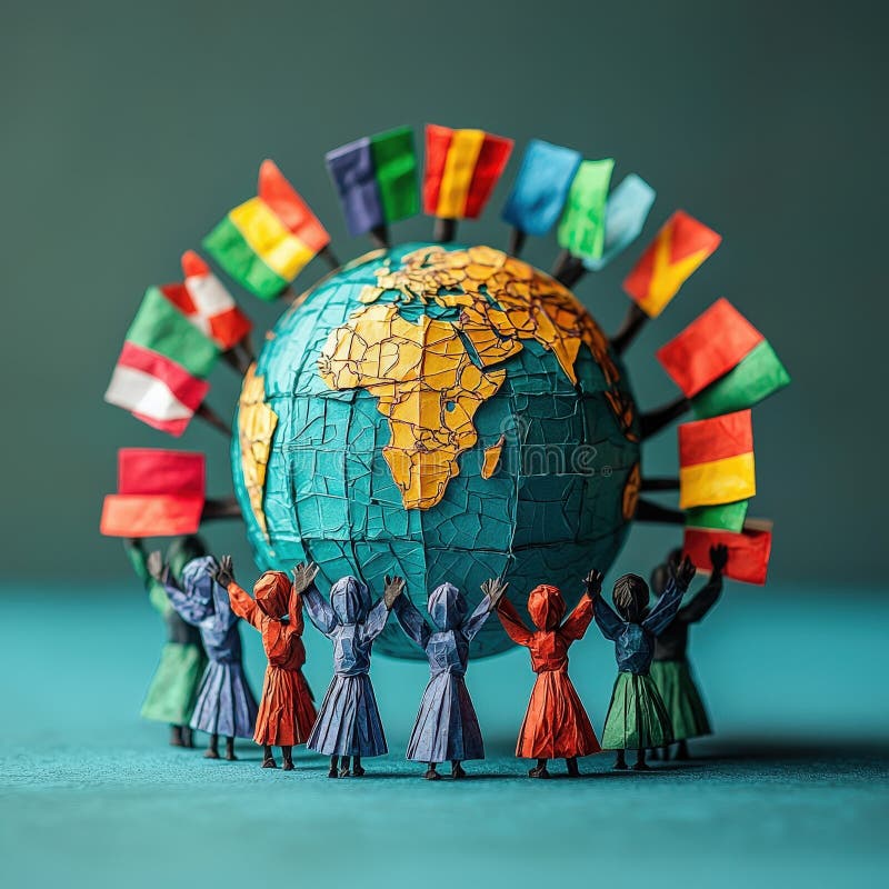 Diverse Group Around Globe with Flags, Unity Concept Illustration Stock ...