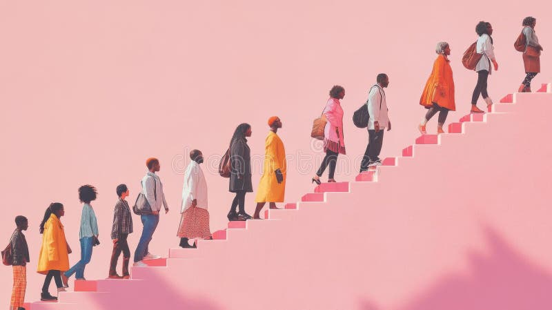 Diverse Group Ascends Pink Staircase Symbolizing Progress and Unity ...
