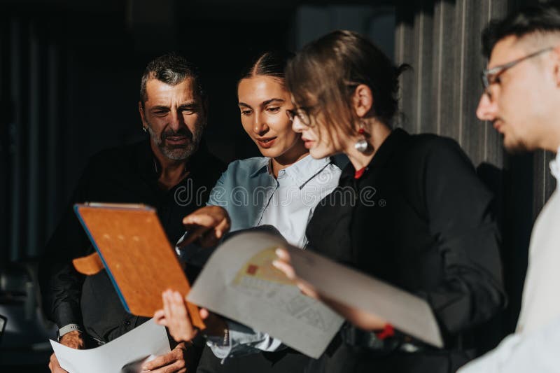 A Diverse Group of Business People Collaborates Over Documents in a ...