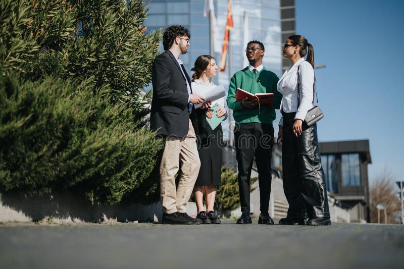 Multicultural Business Team Discussing Strategy Outdoors with Modern ...