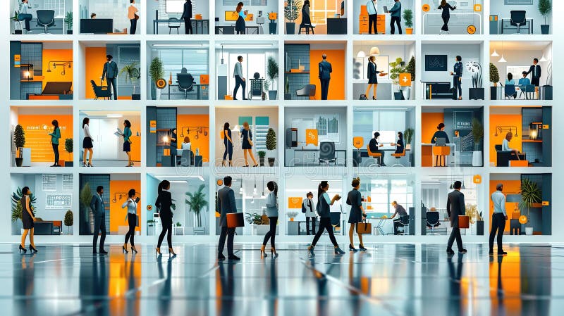 A Diverse Group of Business Professionals Work in a Variety of Office ...