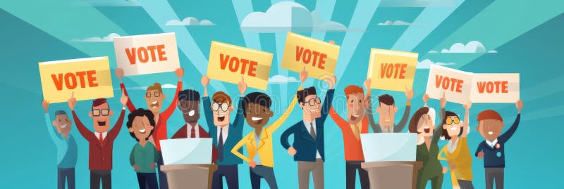 Diverse Group Campaigning with VOTE Placards, Voter Participation in a ...