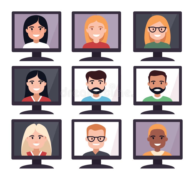Diverse Group of Cartoon People in Computer Screens. Online Meeting ...