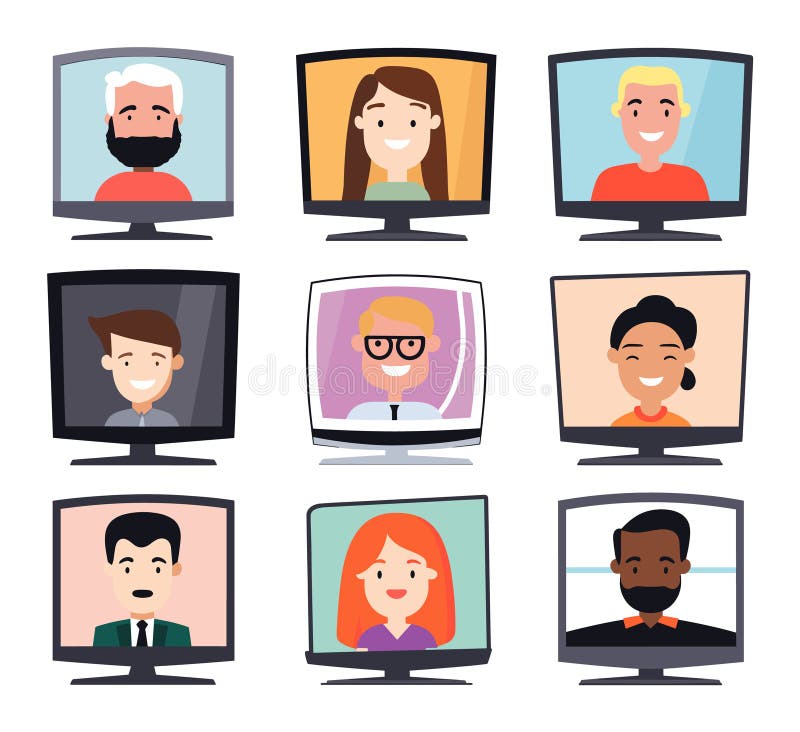 Diverse Group of Cartoon People on Computer Screens. Virtual Meeting ...