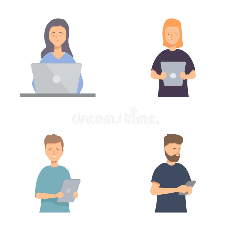 Diverse Group of Cartoon People with Digital Devices Stock Illustration ...