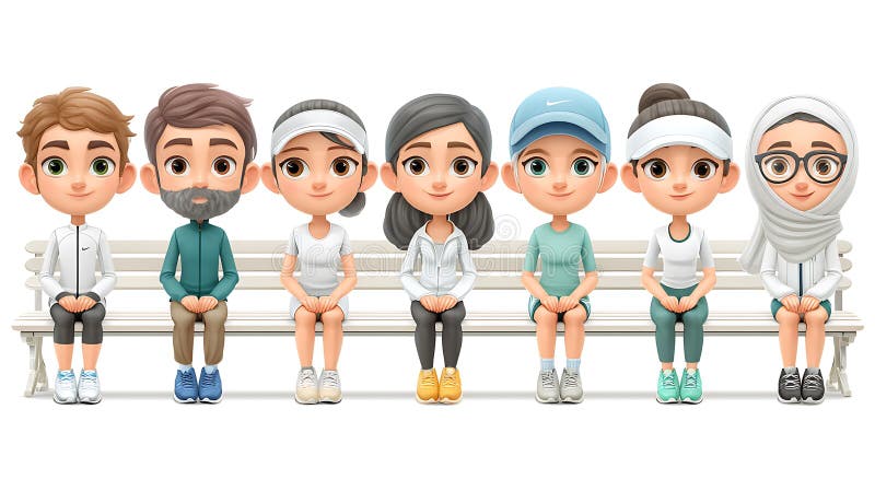 Diverse Group of Cartoon People Sitting on a White Bench Stock ...