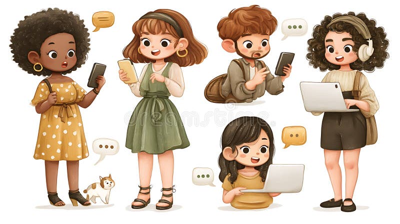 Diverse Group of Cartoon People Using Smartphones and Laptops Stock ...