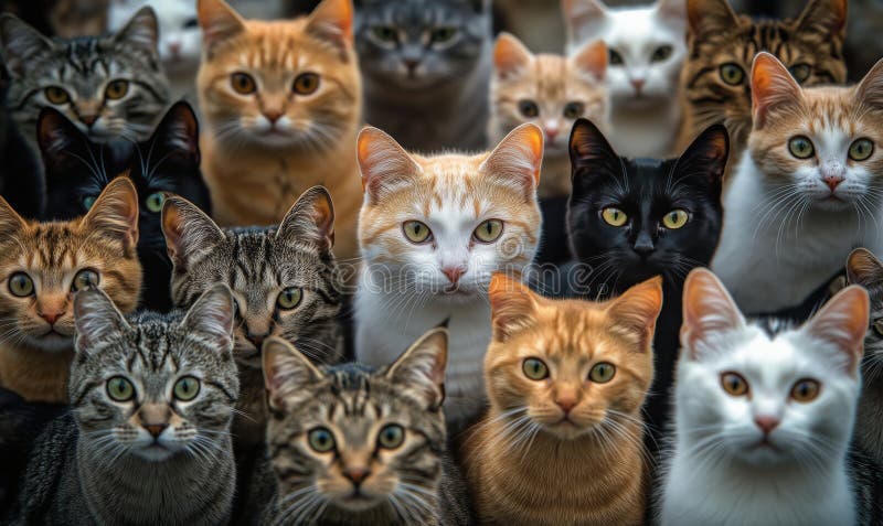Diverse Group of Cats with Various Colors and Patterns in Close-Up ...