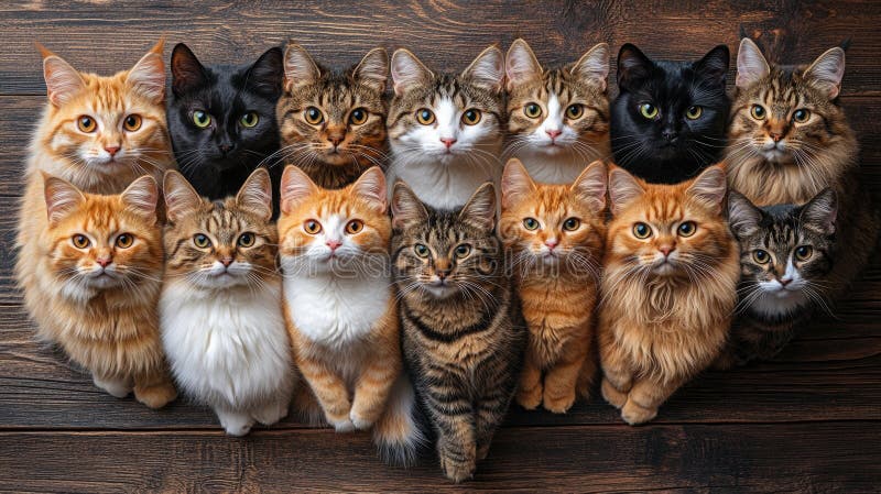 Diverse Group of Cats with Various Fur Patterns Sitting on Wooden Floor ...