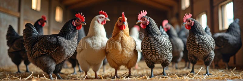 Diverse Group of Chickens in a Barn Setting Stock Photo - Image of ...