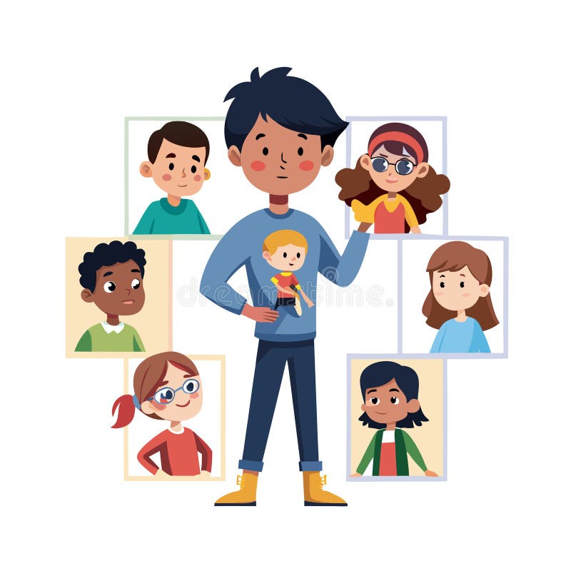 Diverse Group of Children Cartoon Illustration with Teacher or ...