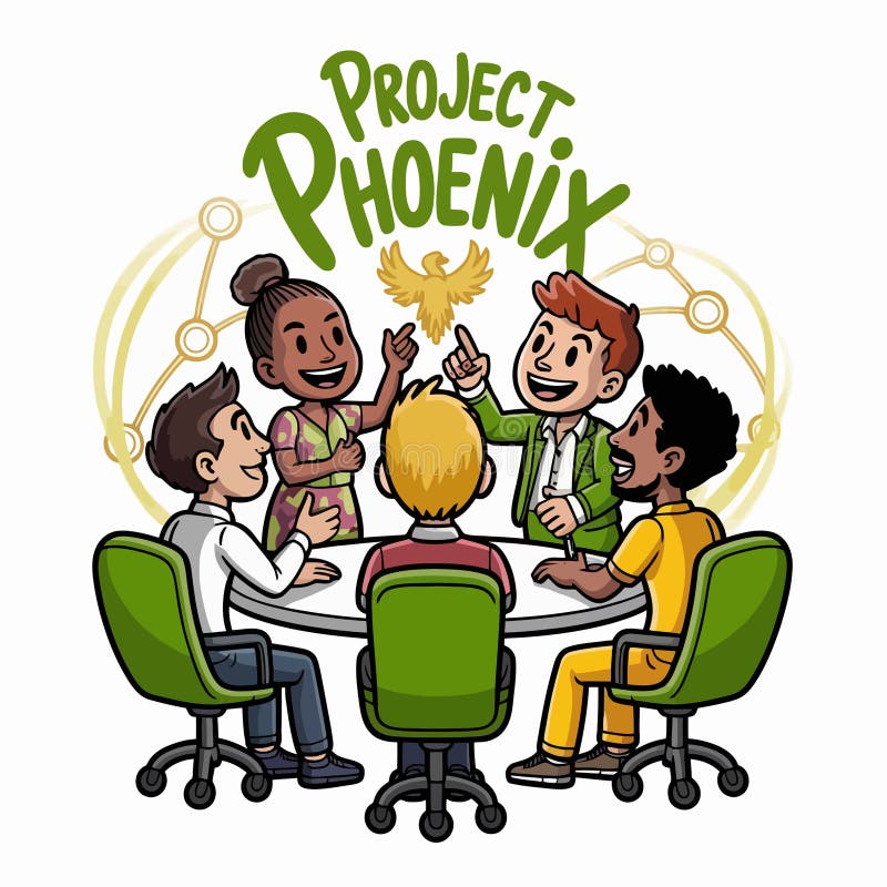 Diverse Group of Children Collaborating Around a Table with Project Phoenix Logo Stock Vector ...