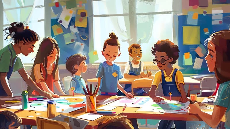 Diverse Group of Children Collaborating on Art Project in a Classroom ...