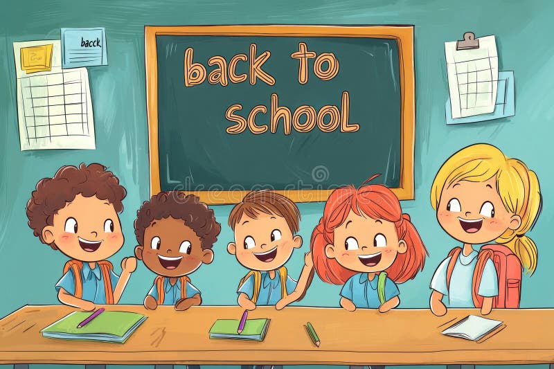 Diverse Group of Children Standing in Front of a Chalkboard in a ...