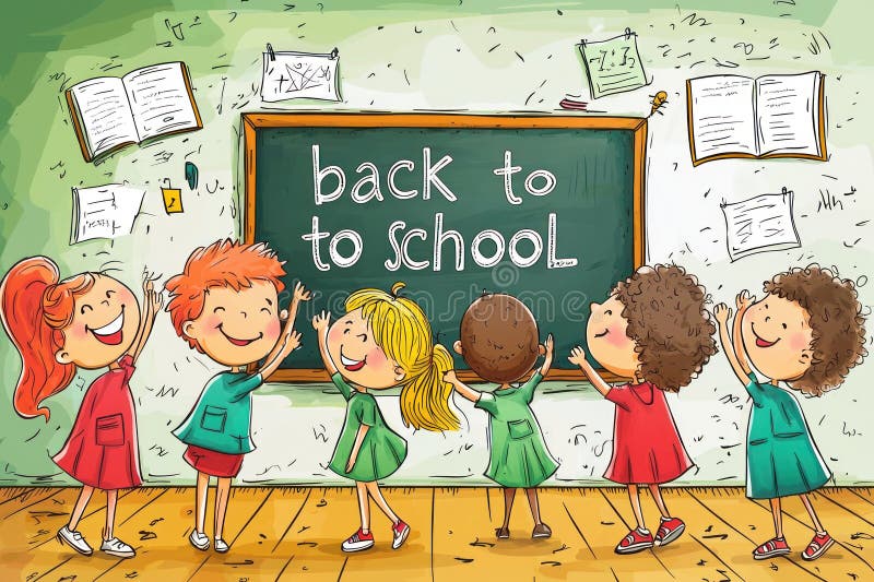 Diverse Group of Children Standing in Front of a Chalkboard in a ...