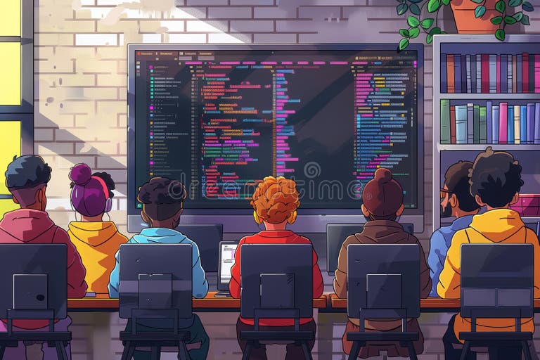 Diverse Group of Coders Working on a Large Screen in a Modern Office ...