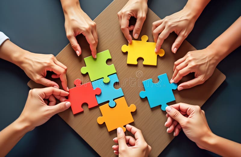 Diverse Group Collaborates Assembling Colorful Jigsaw Puzzle. Hands ...