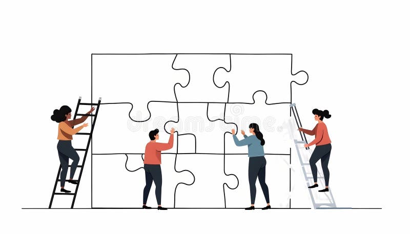 Diverse Group Collaborates To Solve a Large Puzzle, Symbolizing ...