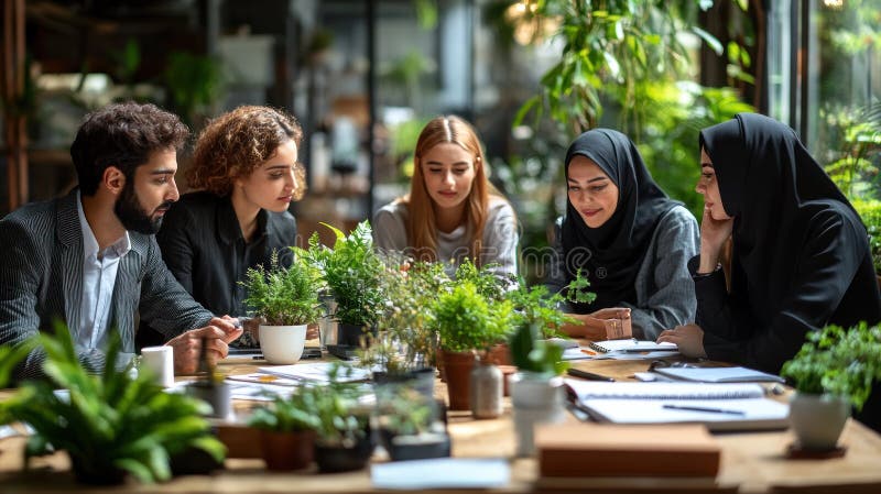 Diverse Group Collaborating in a Modern, Plant-filled Workspace ...