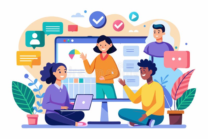 A Diverse Group of Colleagues Collaborates Around a Large Screen ...