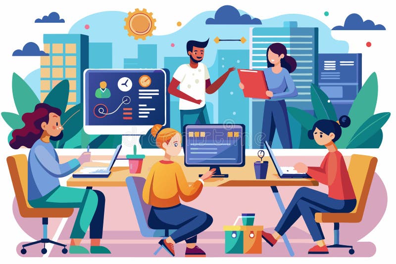 A Diverse Group of Colleagues Collaborates in a Bright Workspace ...