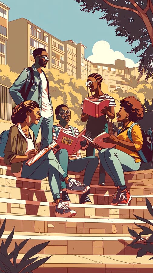 Diverse Group of College Students Studying on Campus Steps Outdoors ...