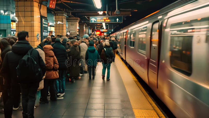 A Diverse Group of Commuters Stands on a Crowded Platform Next To a ...